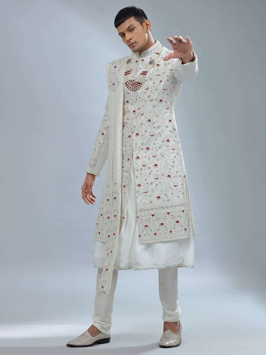Catchy white raw silk peshwai sherwani-G3-MSH8087
