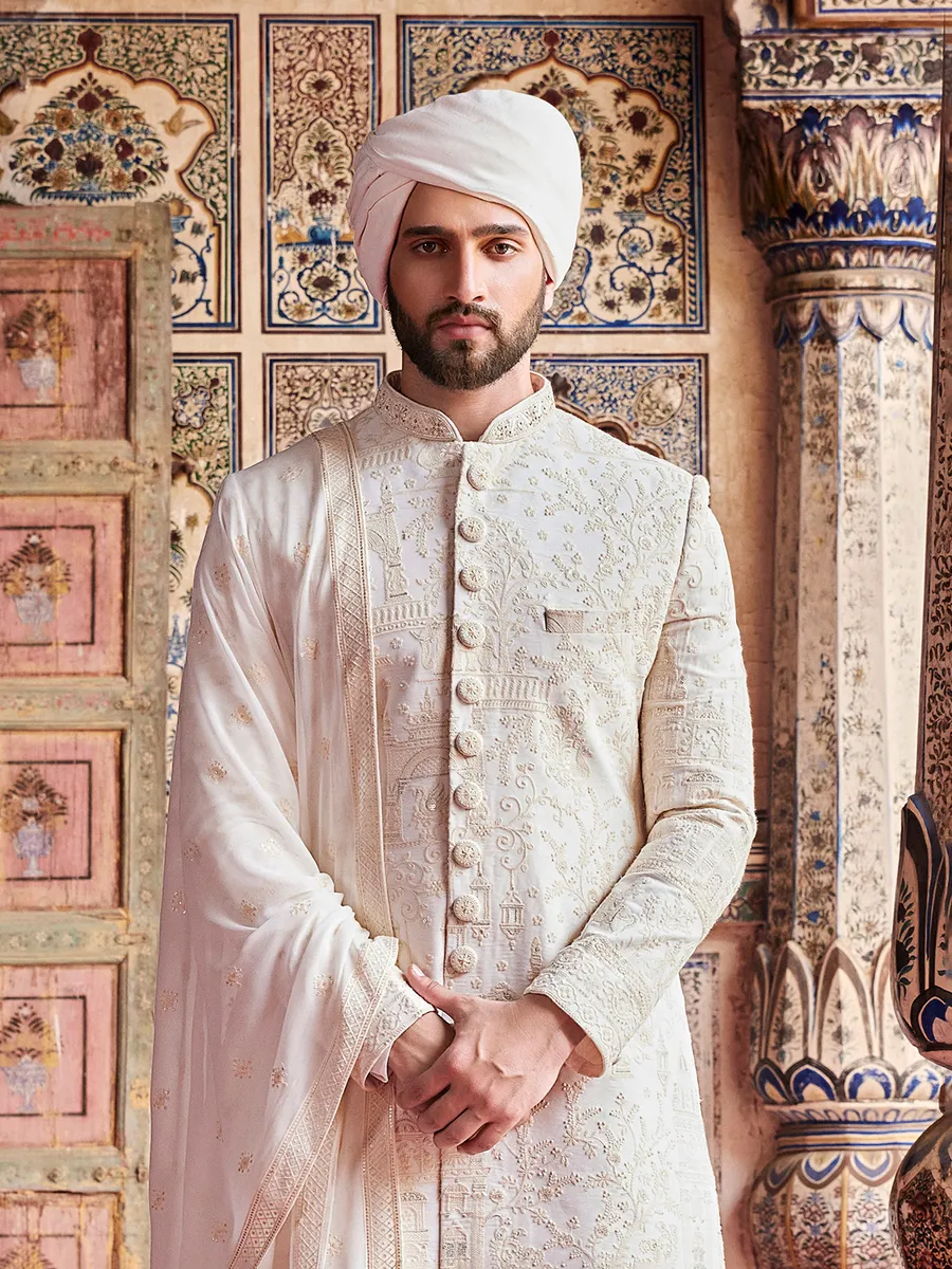 Classic silk white sherwani-G3-MSH7781 | United States