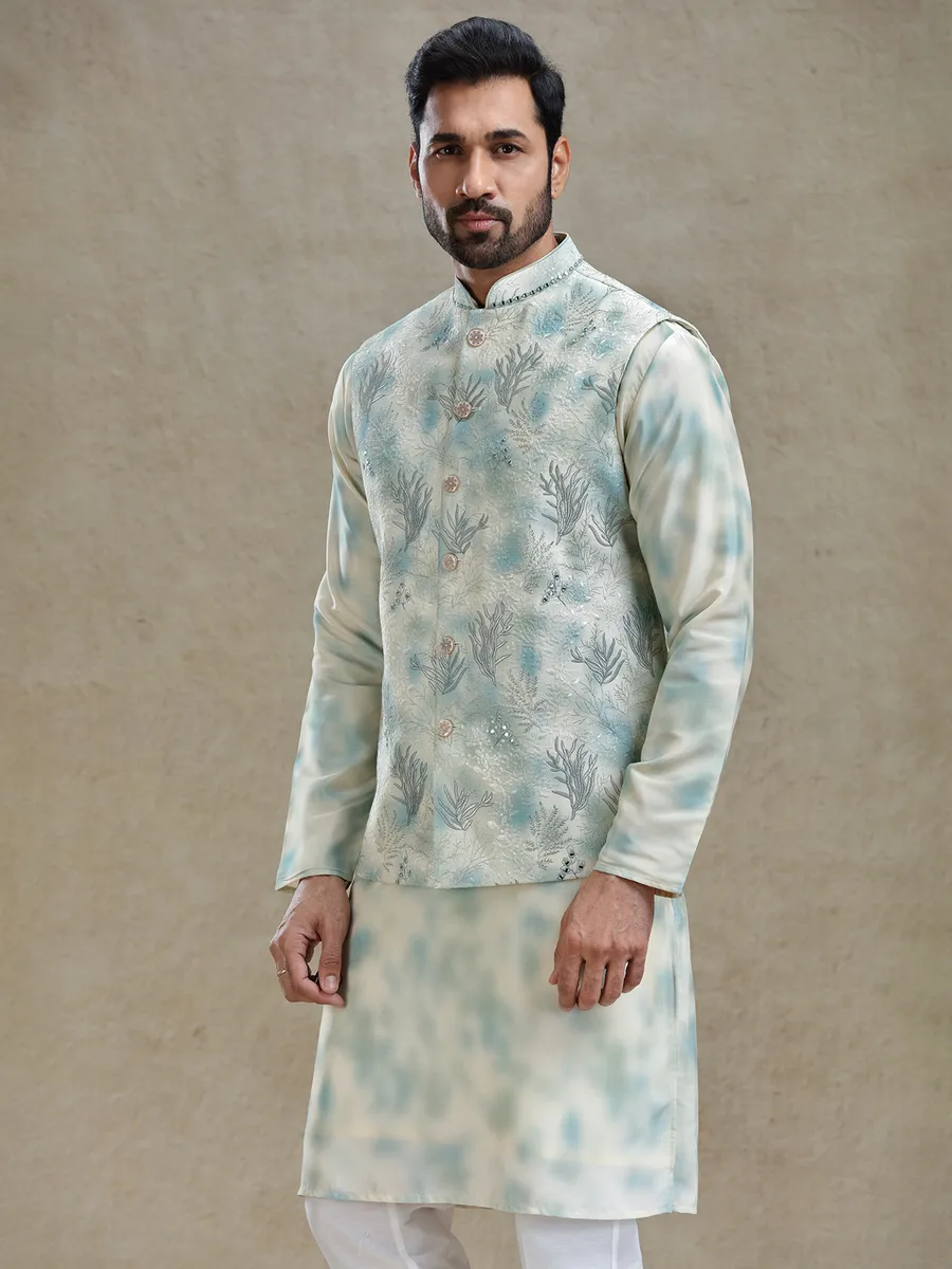 Cream and mint green shaded silk kurta jacket set for...