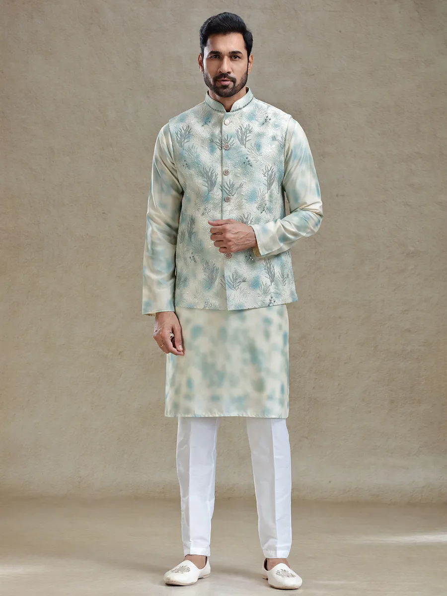 Cream and mint green shaded silk kurta jacket set for...