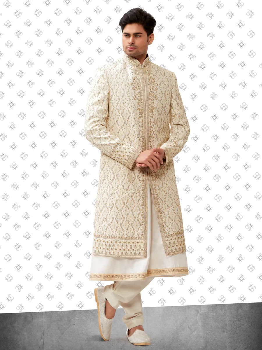 Cream raw silk peshwai style sherwani for groom-G3-MSH8155