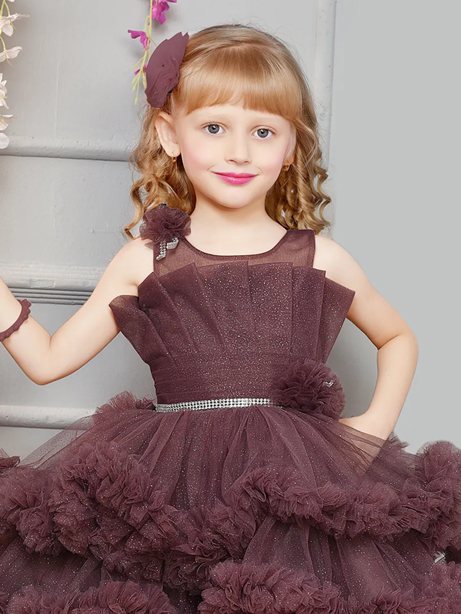 Dark brown net girls frock for party-G3-GDR0518