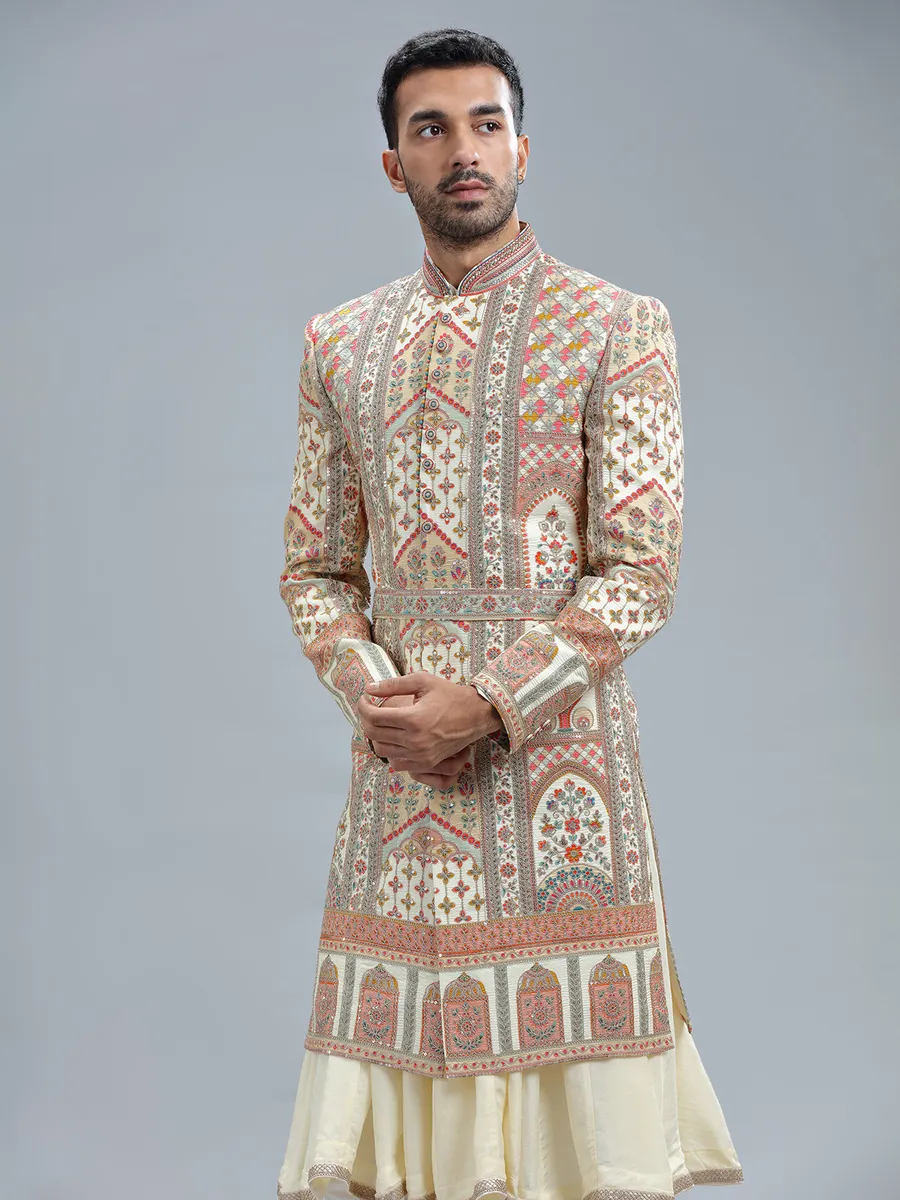 Elegant cream raw silk groom sherwani-G3-MSH4 | United States