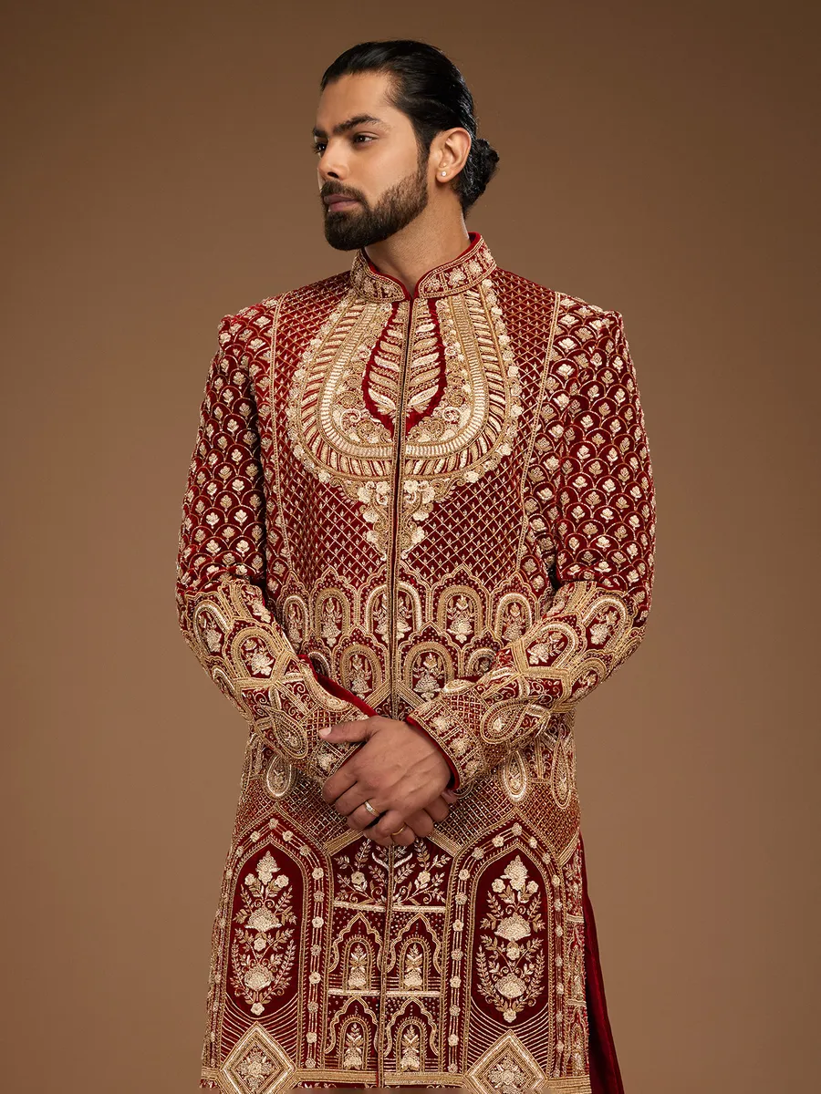 Elegant maroon velvet sherwani-G3-MSH7819 | United States