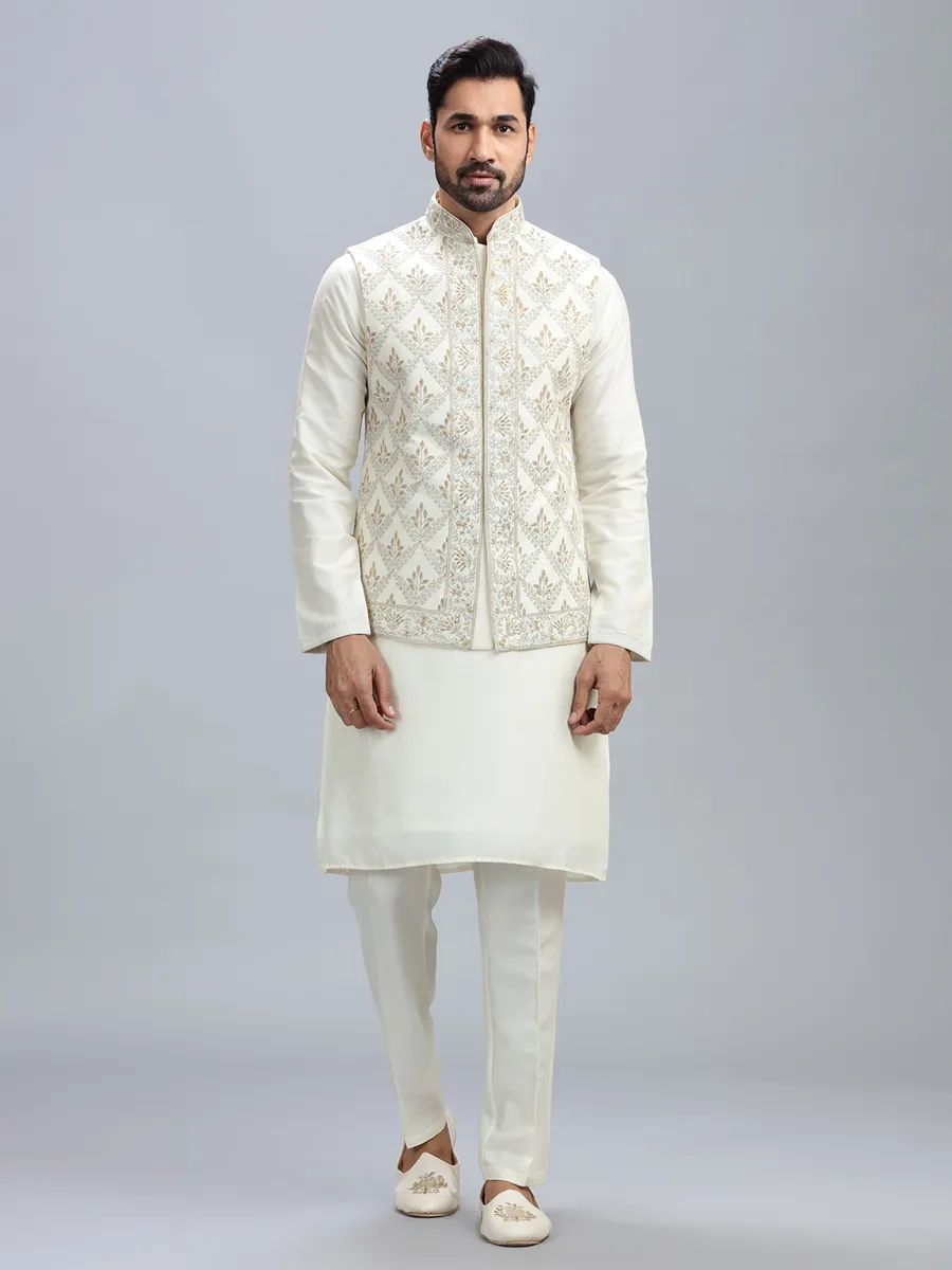 Elegant off white silk waistcoat set for men-G3-MWCS1352