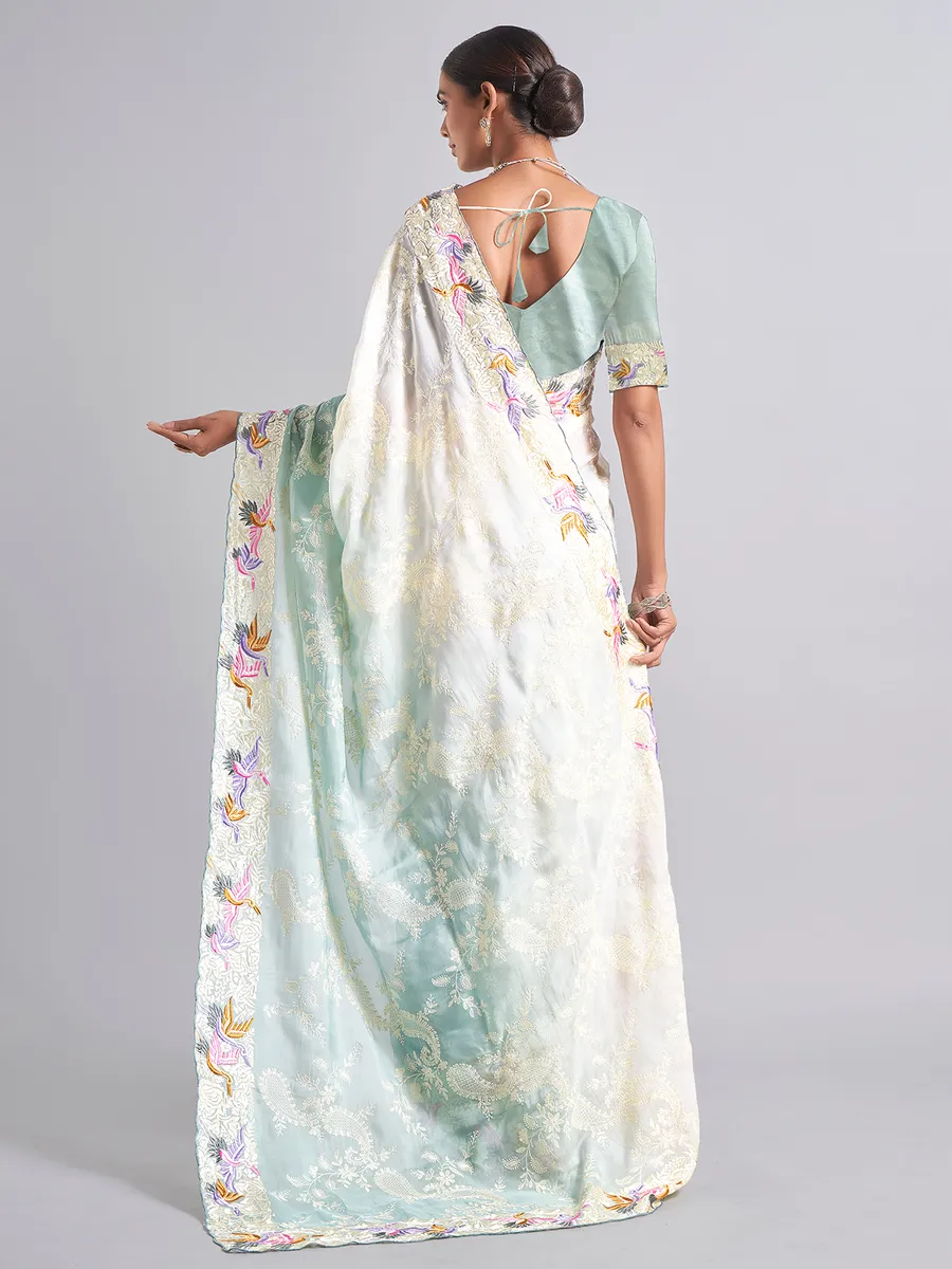 Elegant white and mint blue saree-G3-WSA56617 | United States