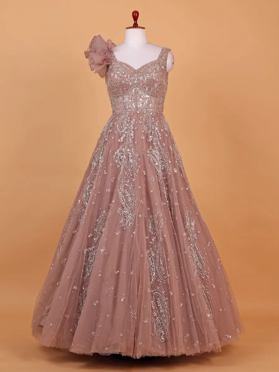 Floor lenght onion pink net gown-G3-WGO2566