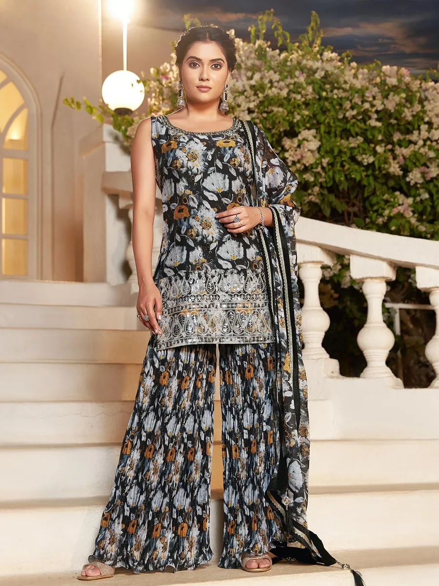 Georgette printed sharara suit in black-G3-WSS42973