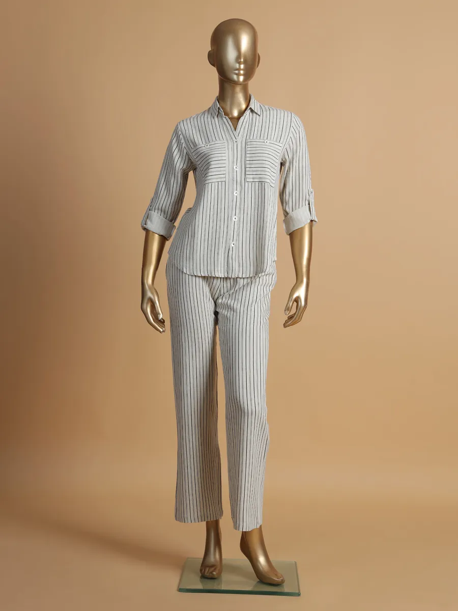 Glamorous white cotton co-ord set in stripe pattern-G3-WCS15403