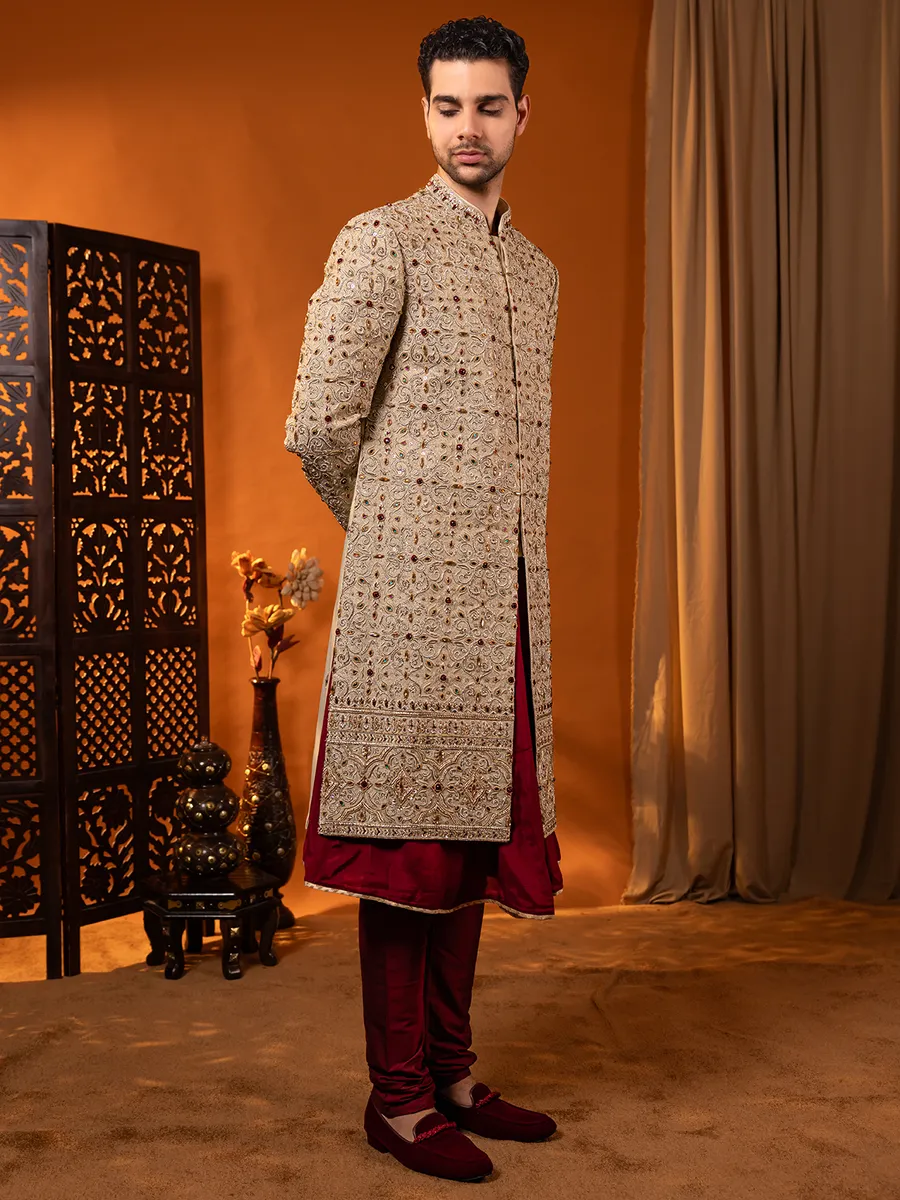 Golden and maroon silk sherwani for wedding for groom-G3-MSH8205