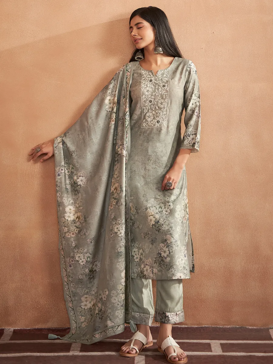 Grey printed cotton silk kurti set for women-G3-WKS11 | United States