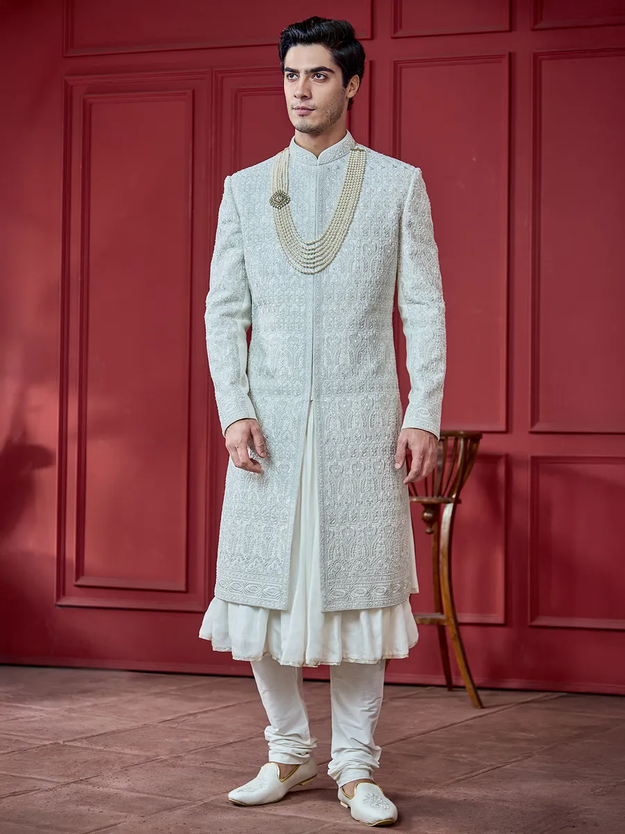 Ivory cream peshwahi style silk sherwani-G3-MSH8253 | United States
