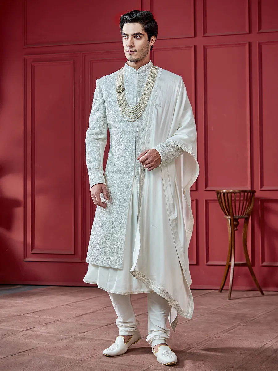 Ivory cream peshwahi style silk sherwani-G3-MSH8253 | United States
