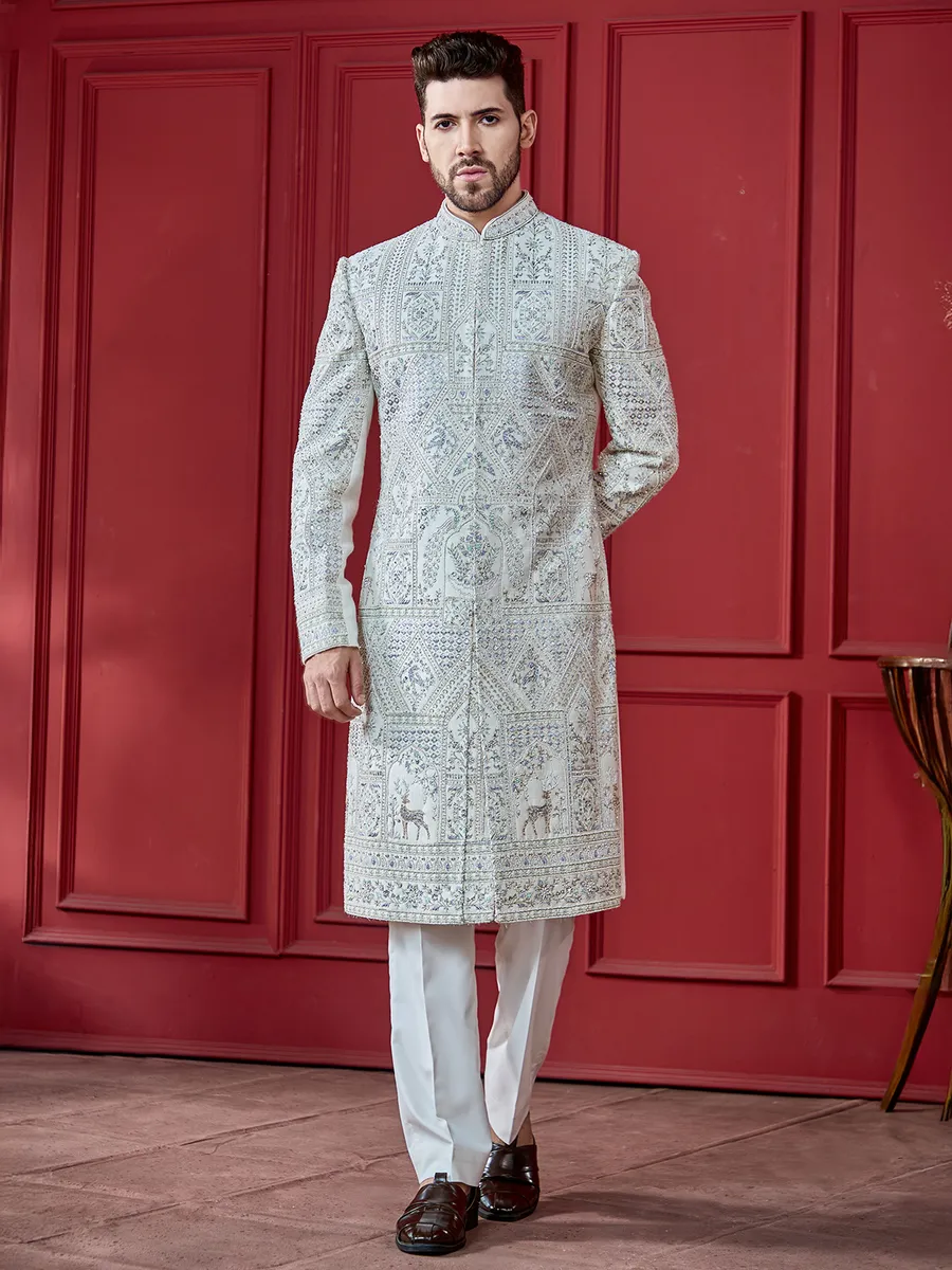 Ivory silk sherwani with chudidar-G3-MSH8262