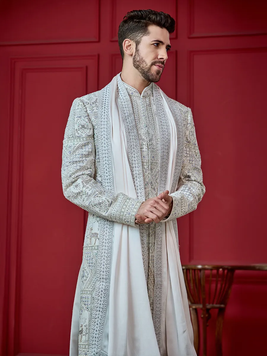 Ivory silk sherwani with chudidar-G3-MSH8262