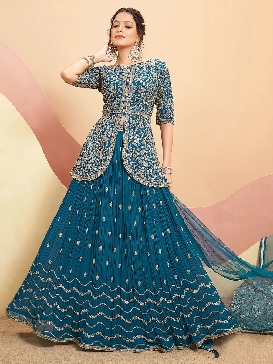 Jacket style georgette prussian blue lehenga suit-G3-WSS41802