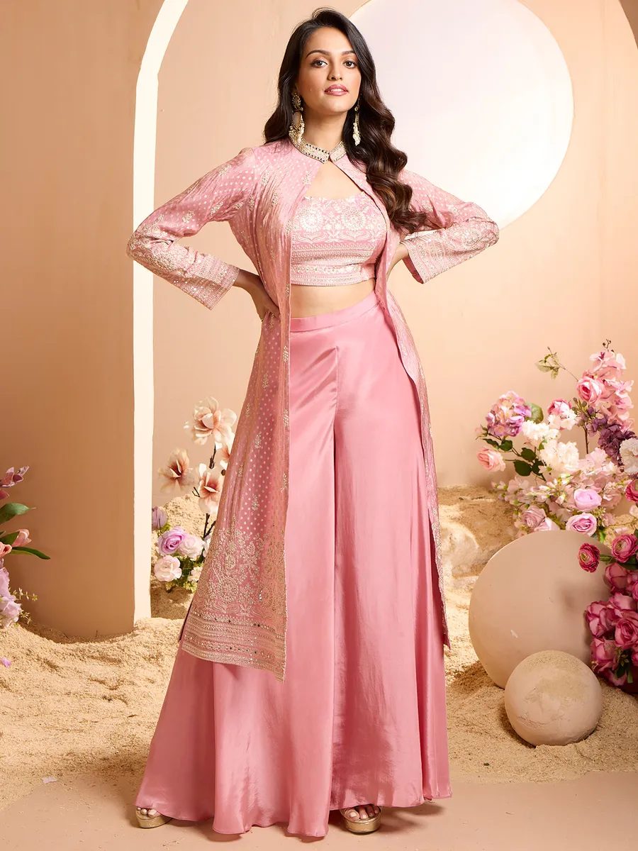 Latest baby pink jacket style palazzo suit-G3-WSS42517