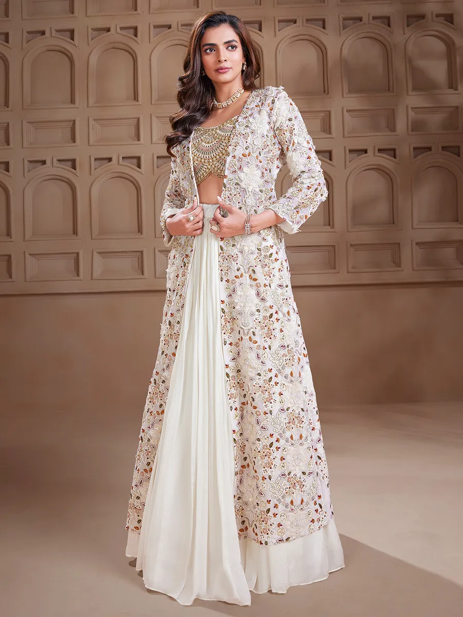 Latest georgette cream shrug style lehenga choli-G3-WLC16028