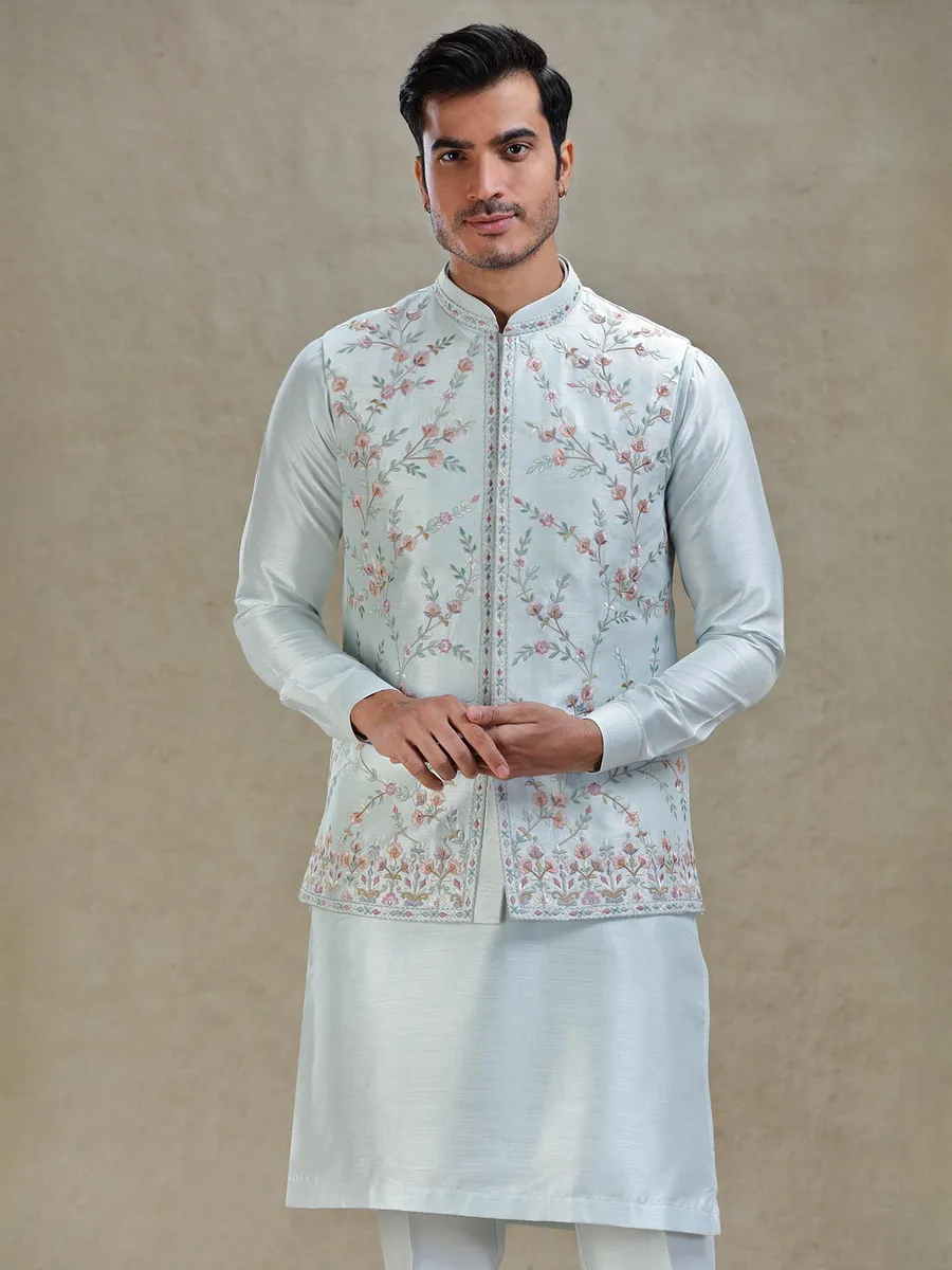 Light blue kurta jacket set for reception in linen silk-G3-MWCS263