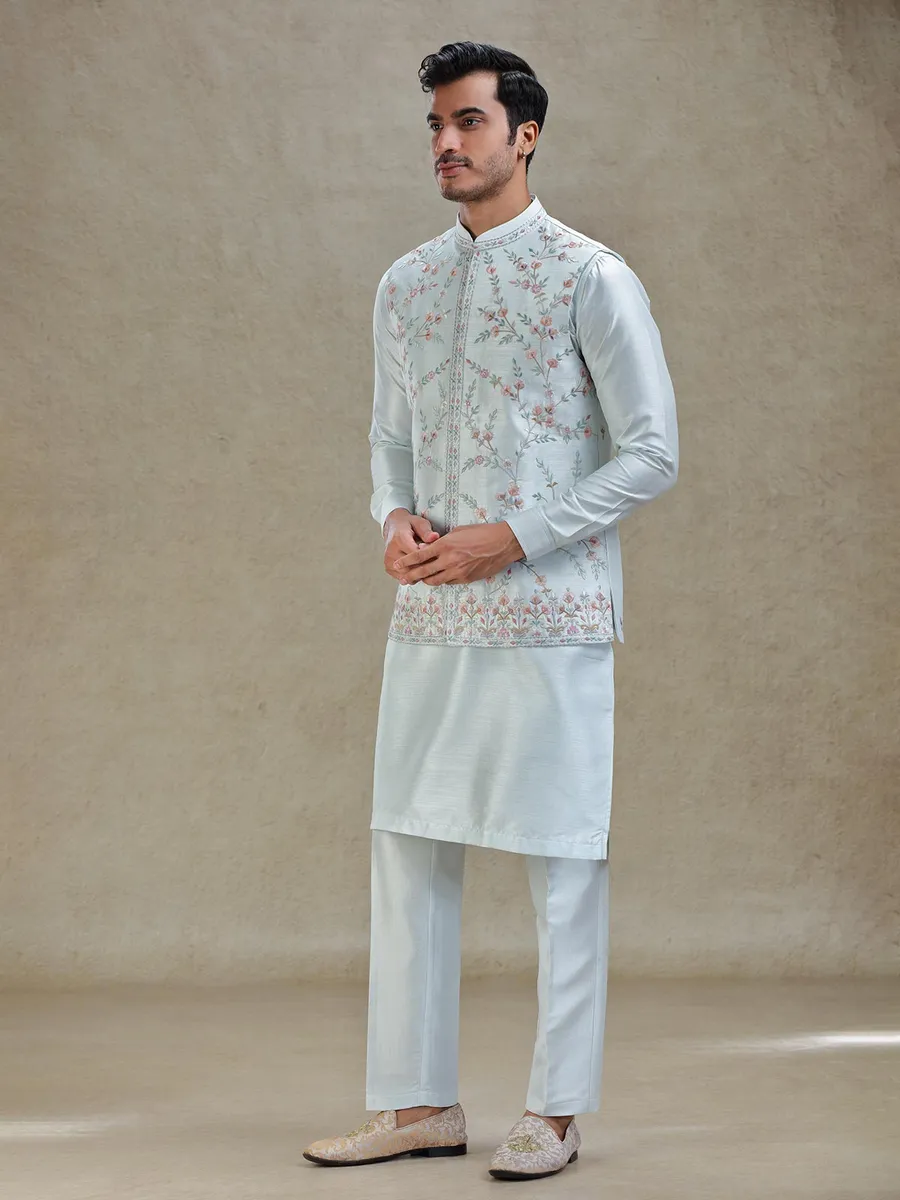 Light blue kurta jacket set for reception in linen silk-G3-MWCS263...