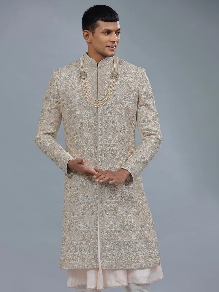 Light peach peshwai style raw silk sherwani-G3-MSH8095