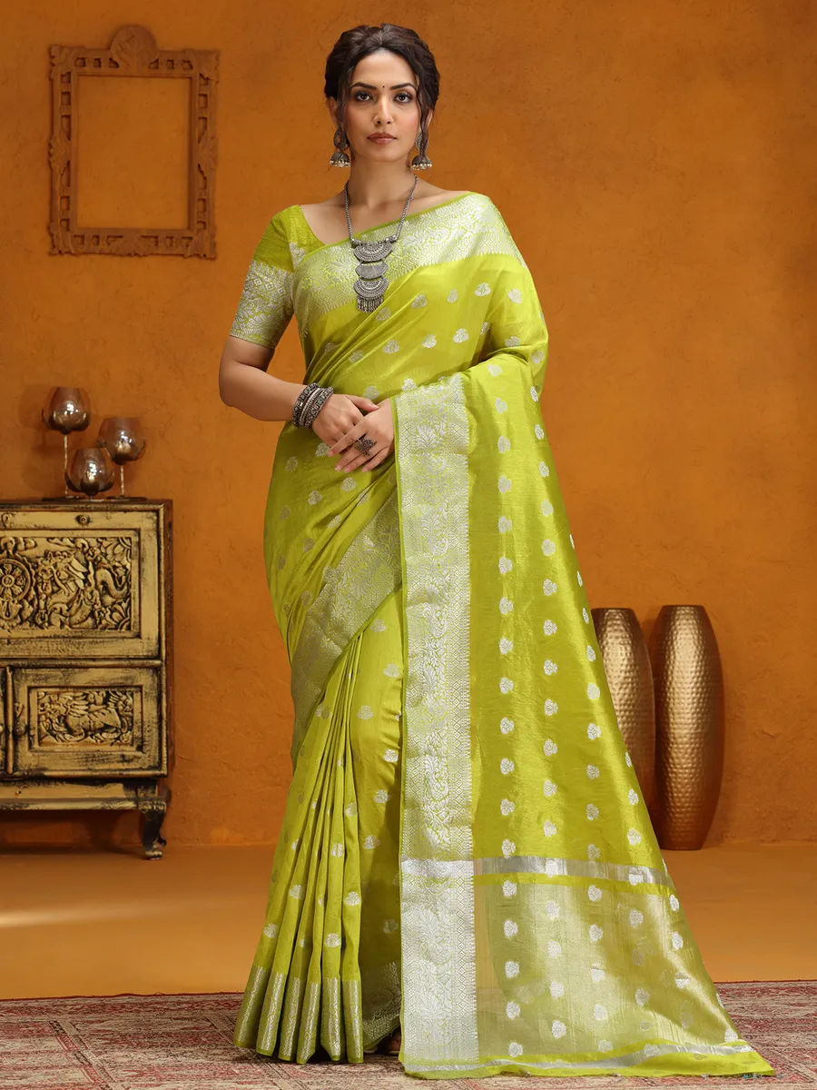 Lime green silk saree with silver zari weaving-G3-WSA57893 | Canada