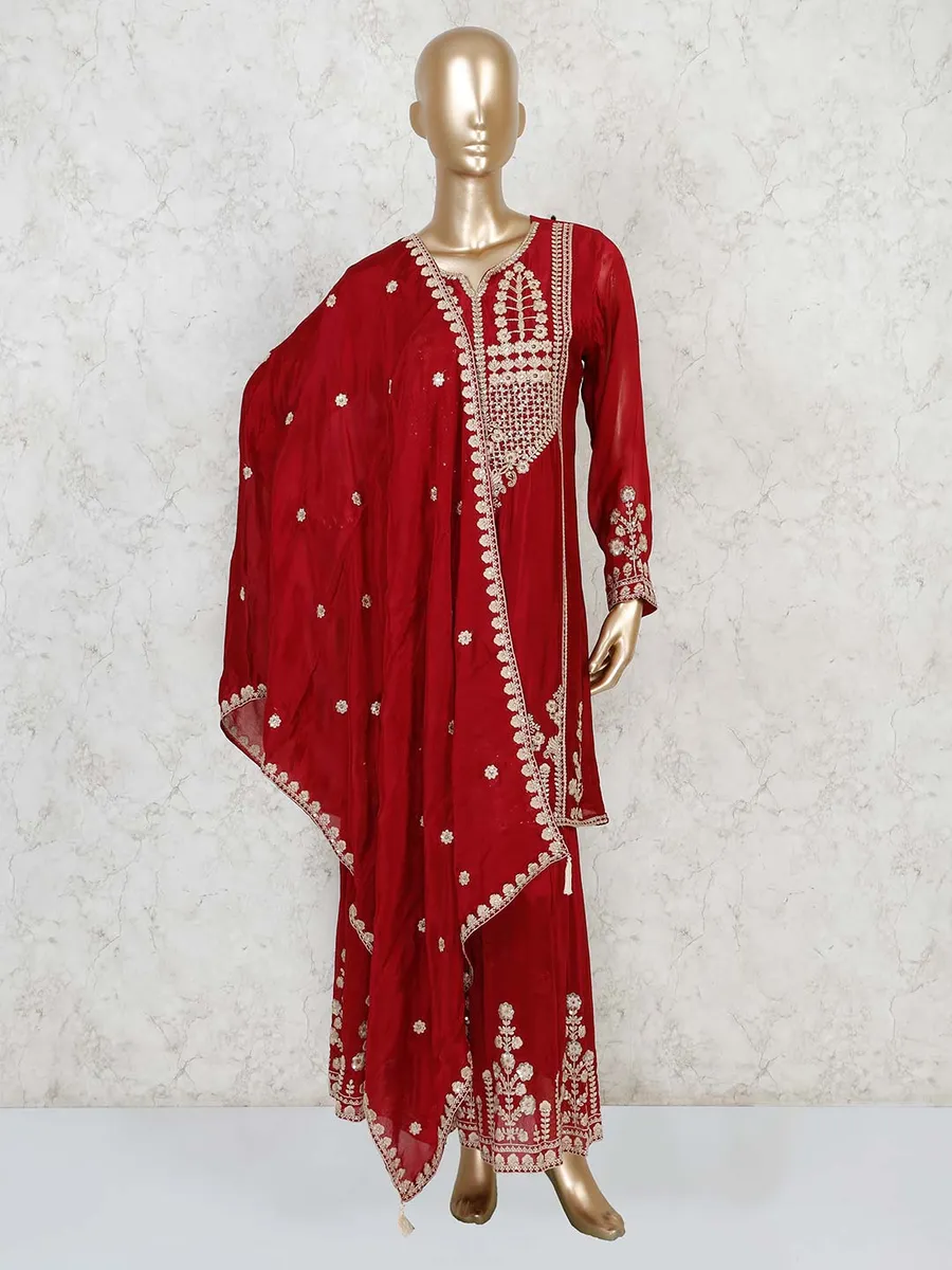 Maroon satin party punjabi sharara suit-G3-WSS31393 | United States