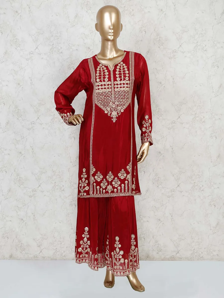 Maroon satin party punjabi sharara suit-G3-WSS31393 | United States