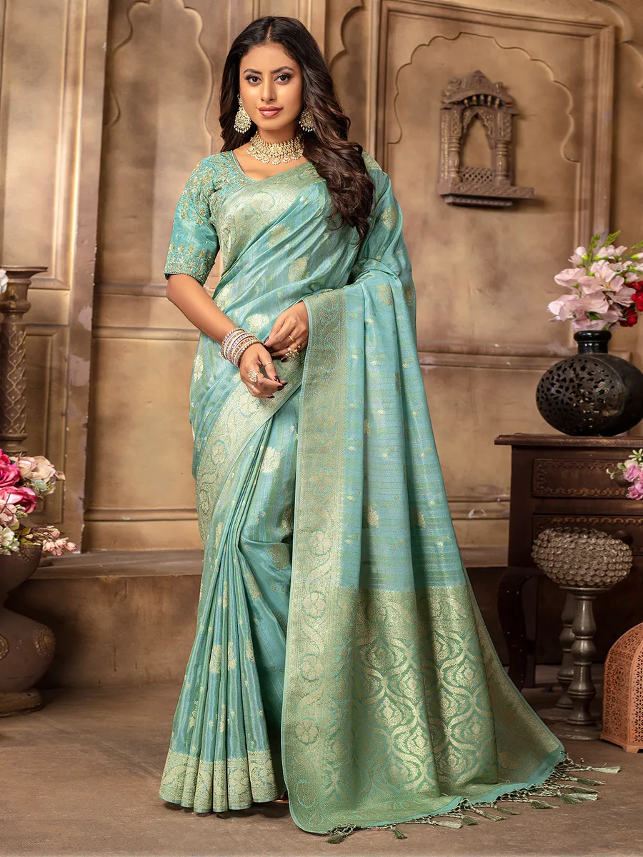Mint blue tissue silk saree for wedding-G3-WSA57057 | United States