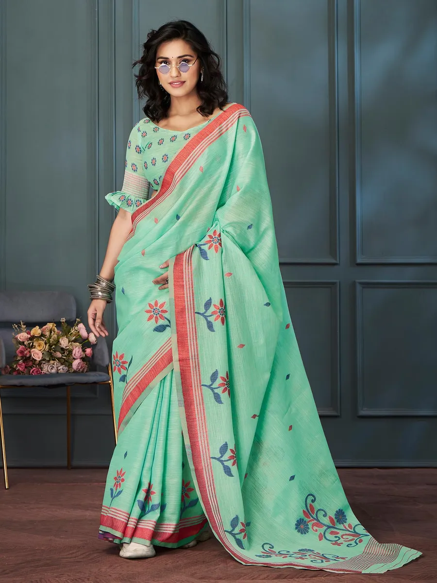 Mint green linen thread weaving saree-G3-WSA56337