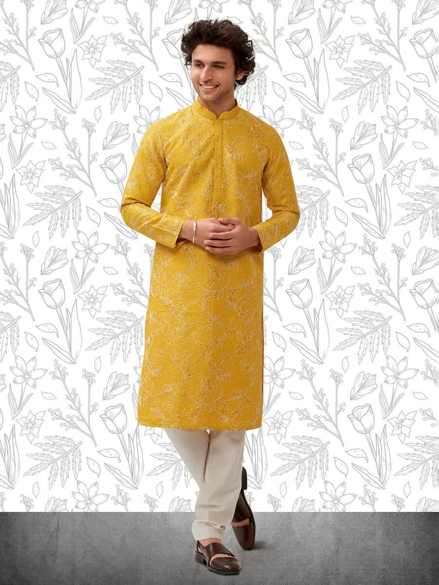 Modern mustard cotton silk kurta set for men-G3-MKS5877 | United...