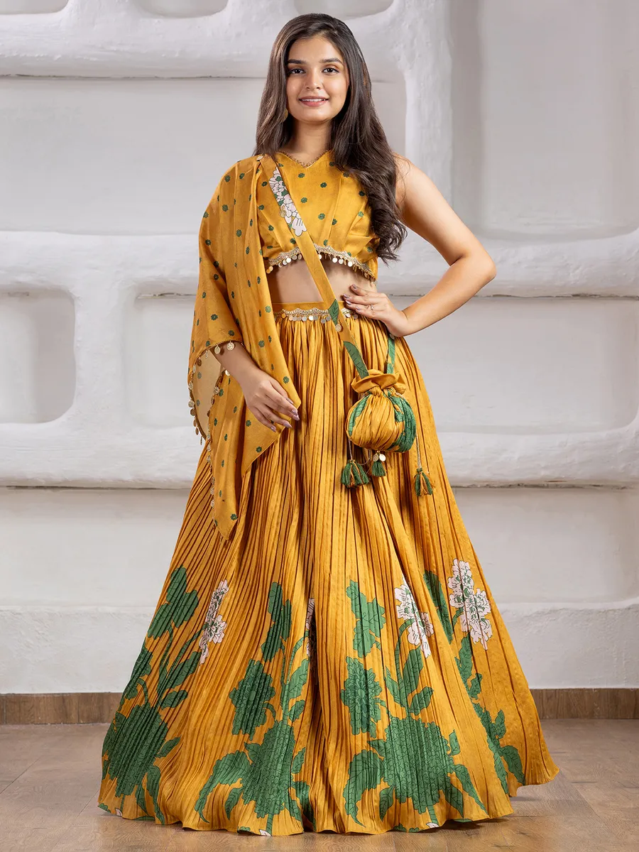 Mustard yellow printed silk lehenga choli for girls-G3-GCS3026