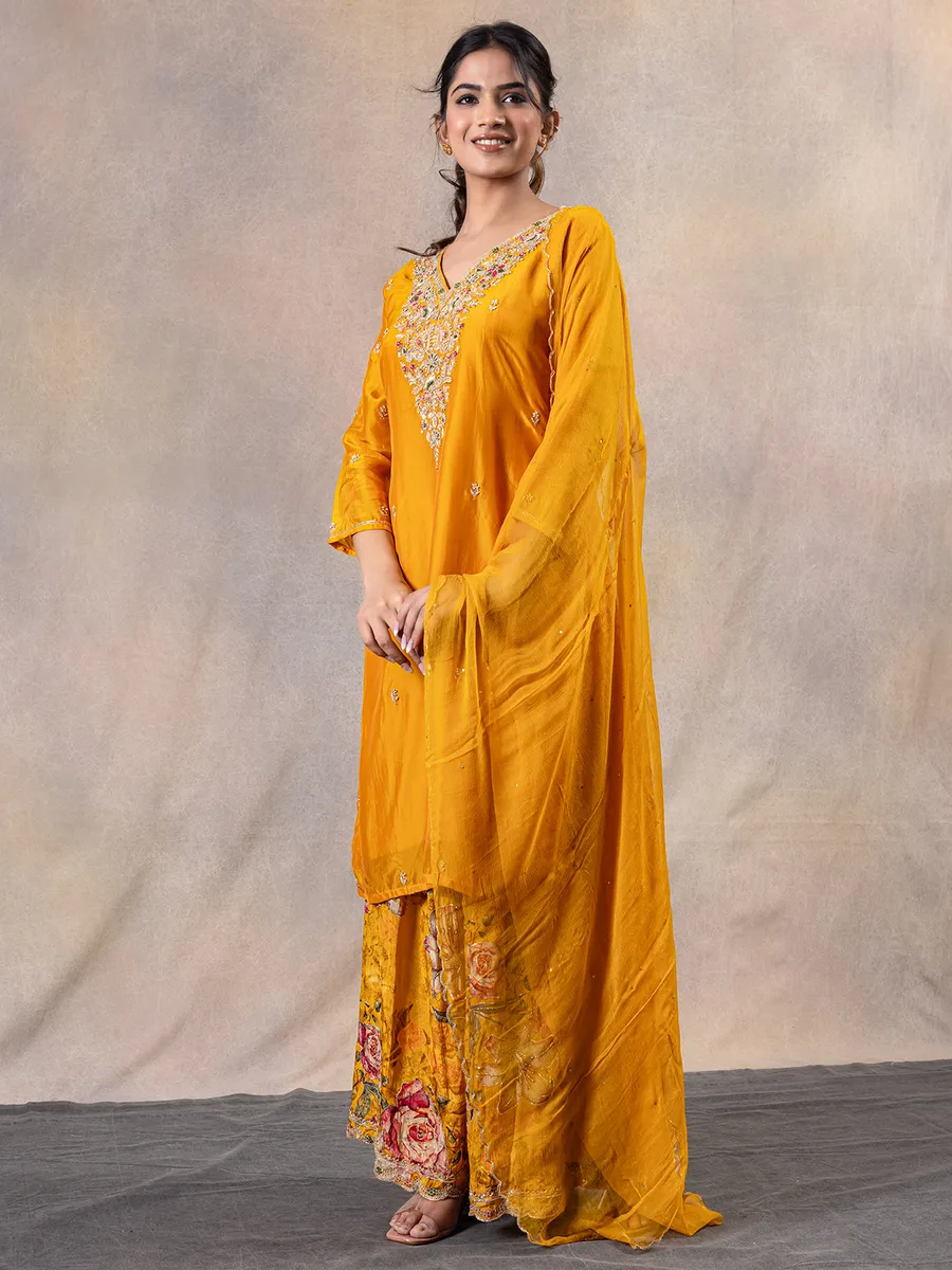 Mustard yellow silk pakistani palazzo suit-G3-WSS42773