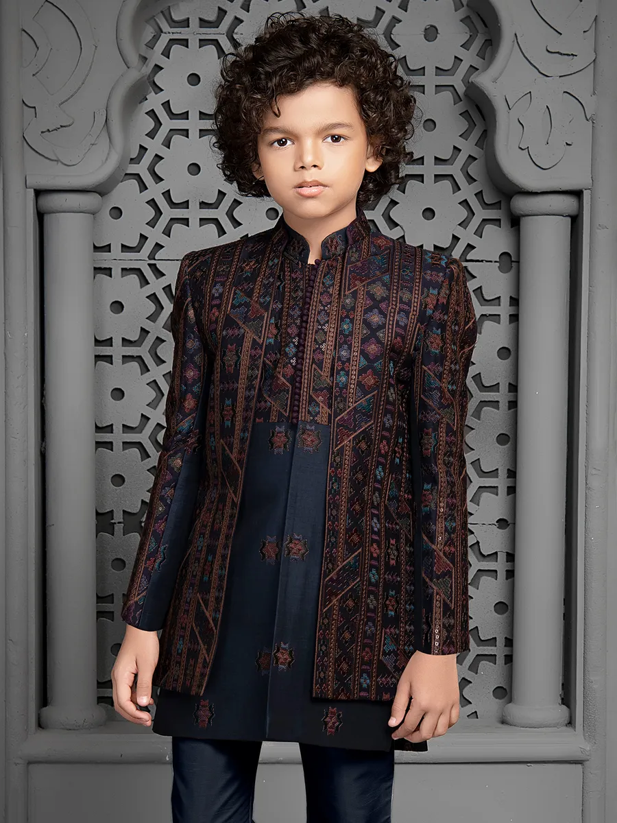 Navy blue lavish raw silk indo western for boys-G3-BIW1506