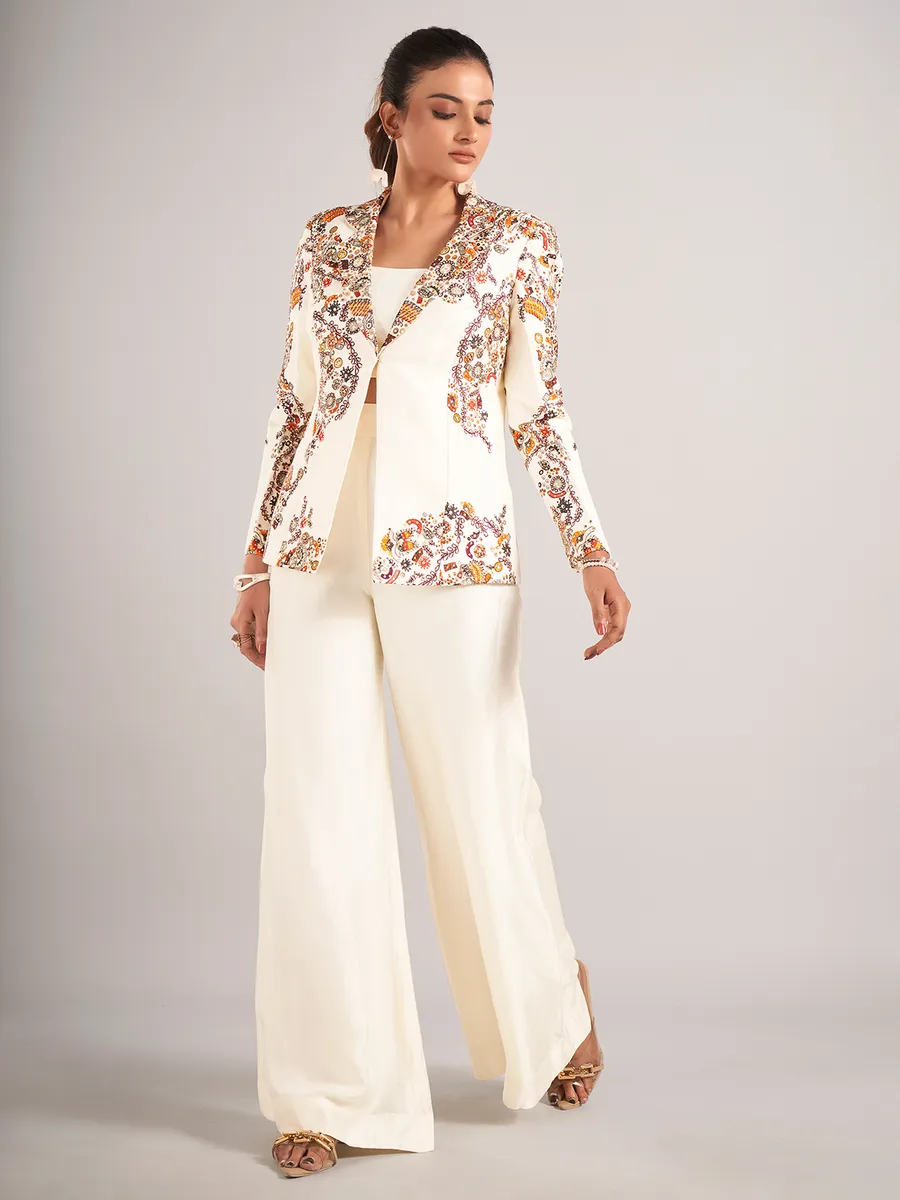 Off-white designer silk palazzo suit-G3-WSS43124 | United States
