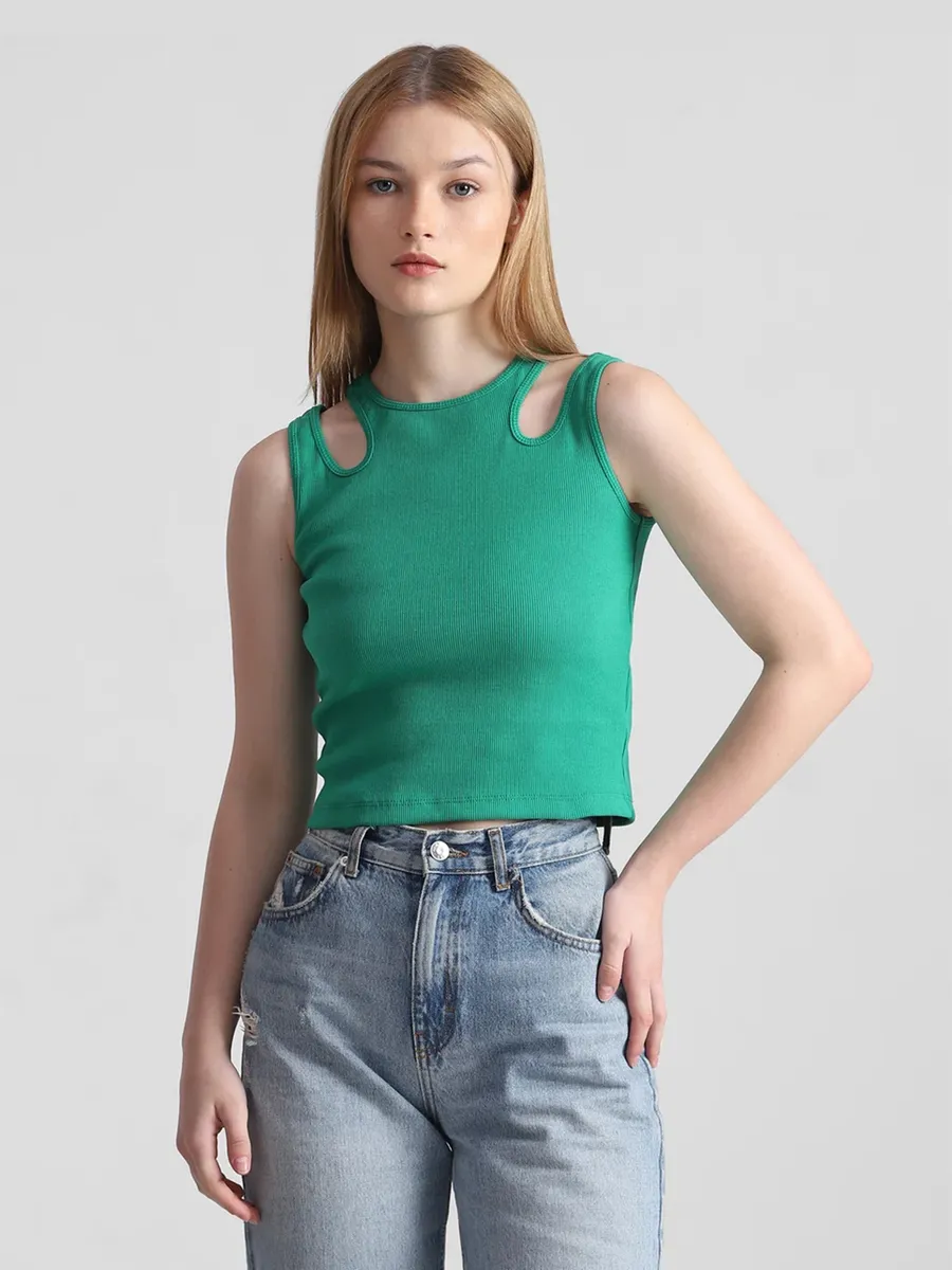 ONLY green ribbed cut-out tank top-G3-WTO4955