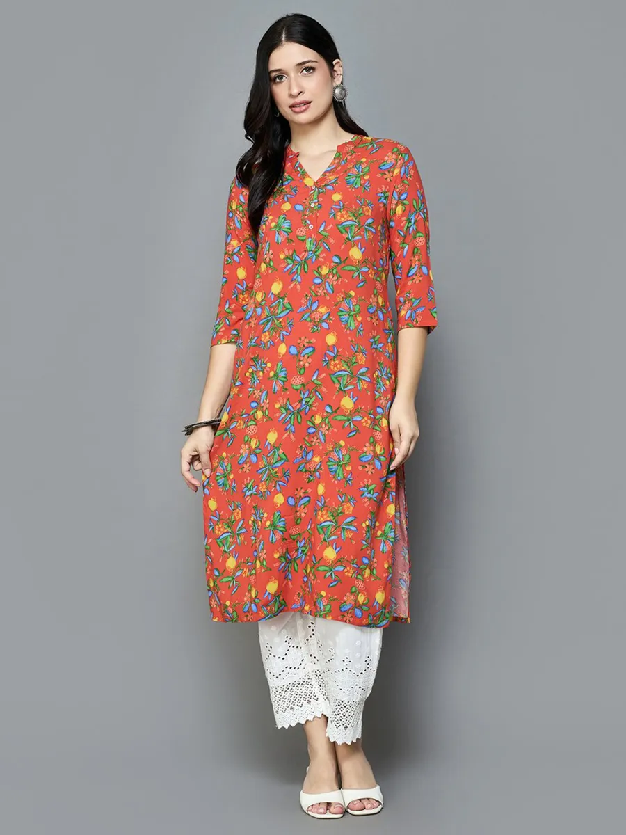 Orange cotton kurti with floral print-G3-WKU02985 | United States