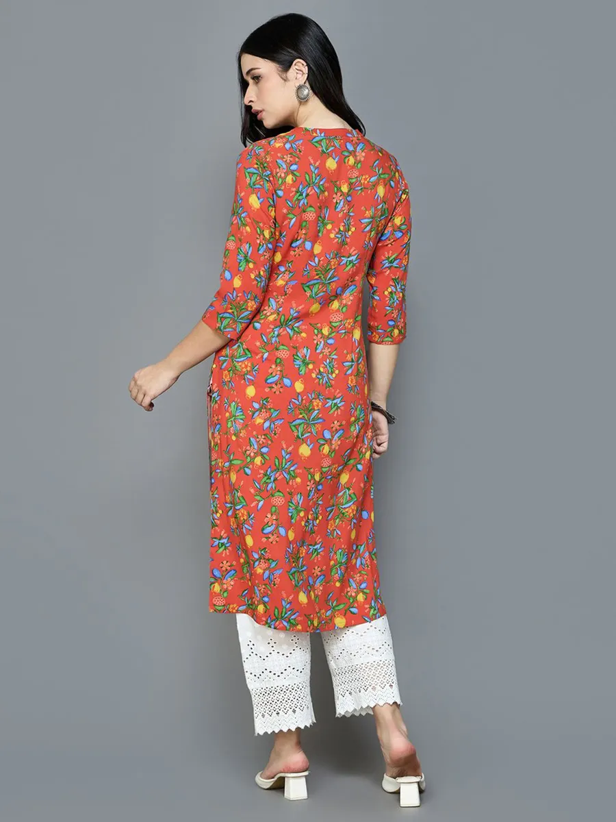 Orange cotton kurti with floral print-G3-WKU02985 | United States