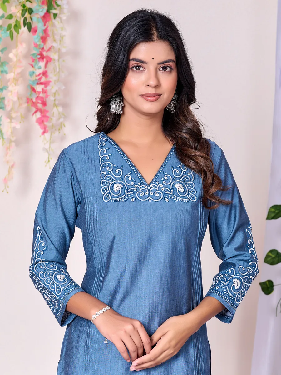 Pastel blue silk embroidery kurti -G3-WKU03018 | United States