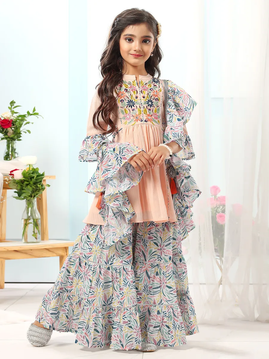 Printed peach and white silk sharara salwar suit-G3-GSS3090