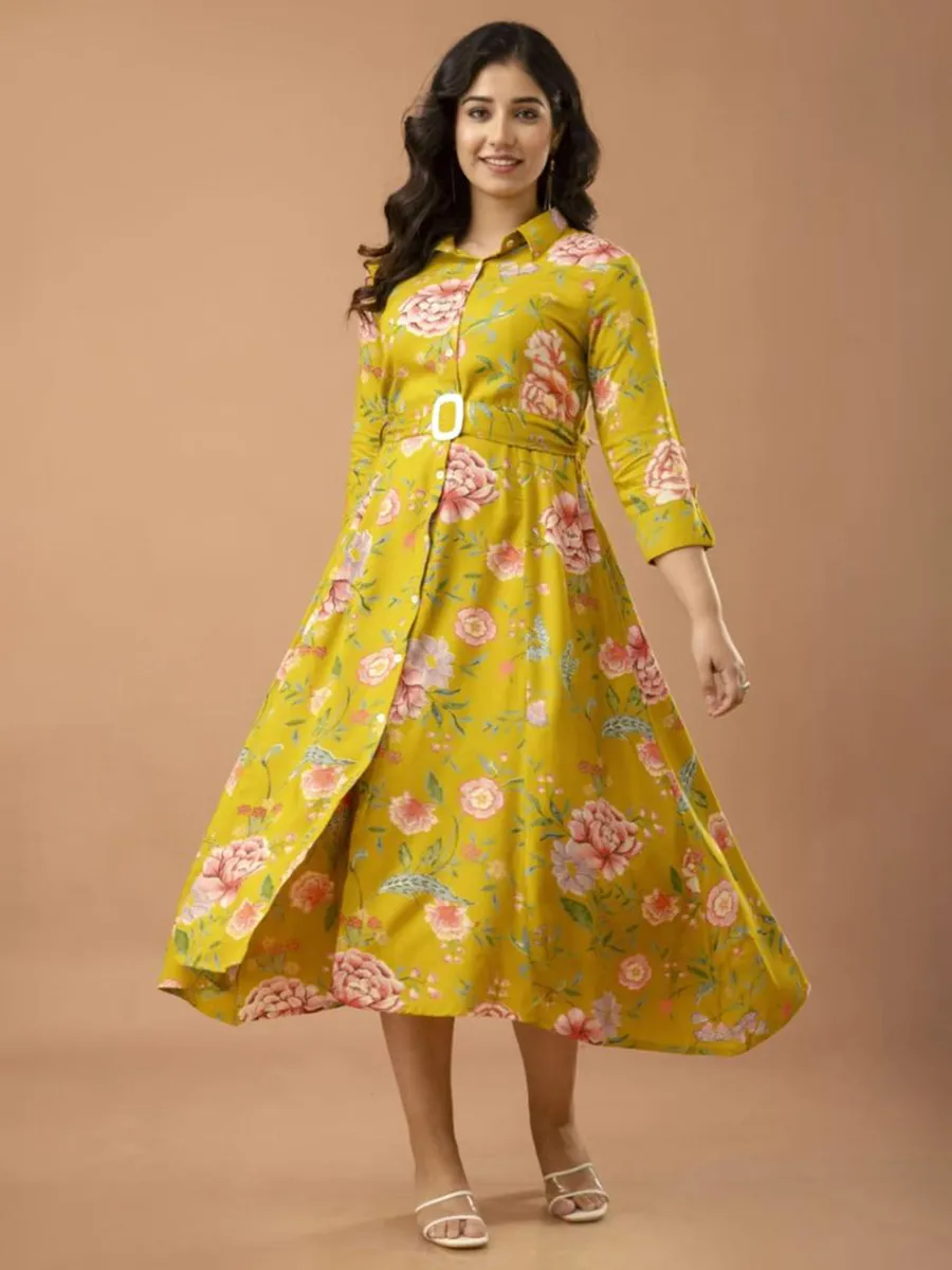 Printed silk kurti in mehendi yellow-G3-WKU03011 | United States