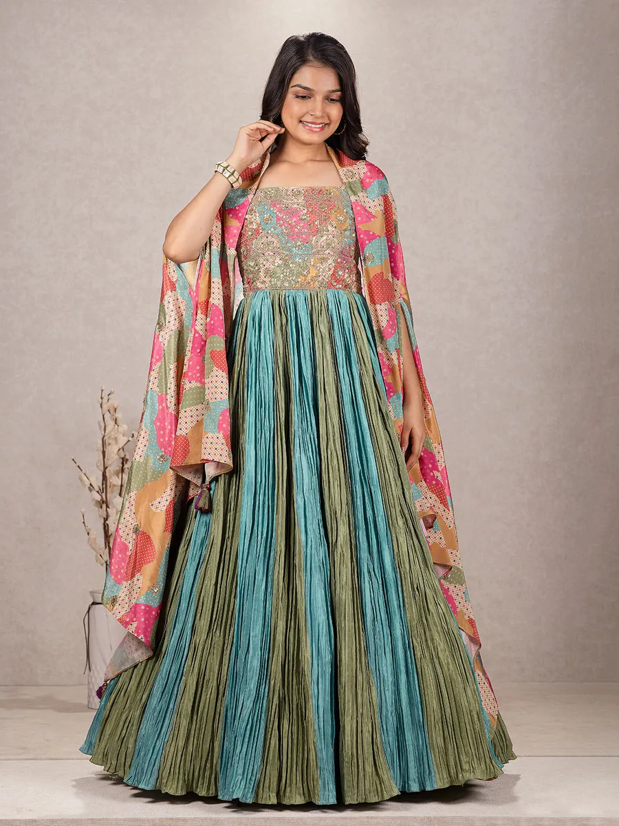 Rama blue and green silk gown-G3-GGO0886 | United States