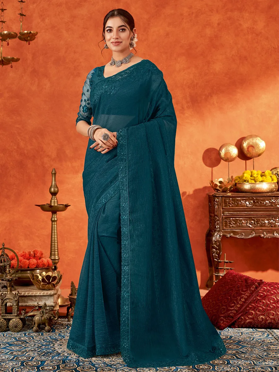 Rama blue chiffon saree for festive-G3-WSA56816 | United States