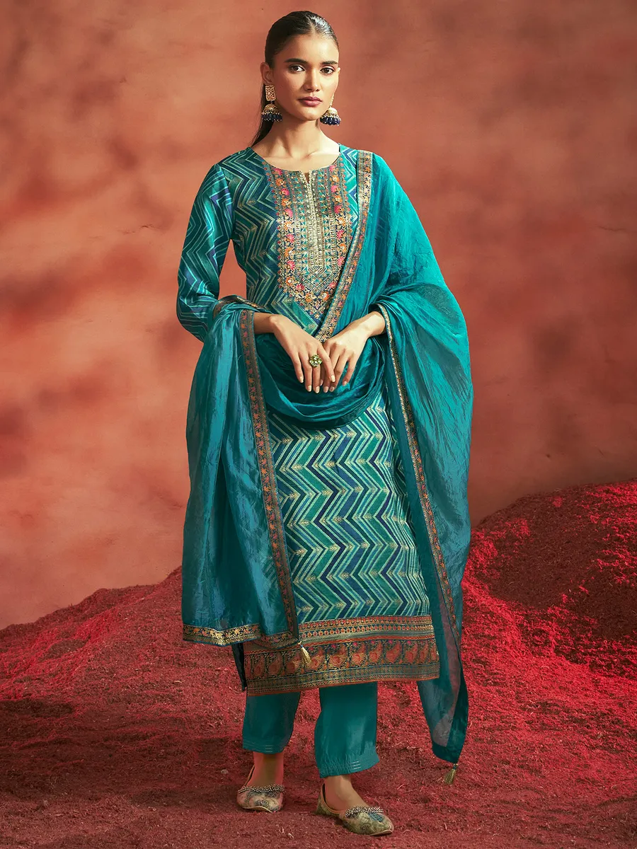 Rama blue printed cotton silk with matching dupatta-G3-WKS10
