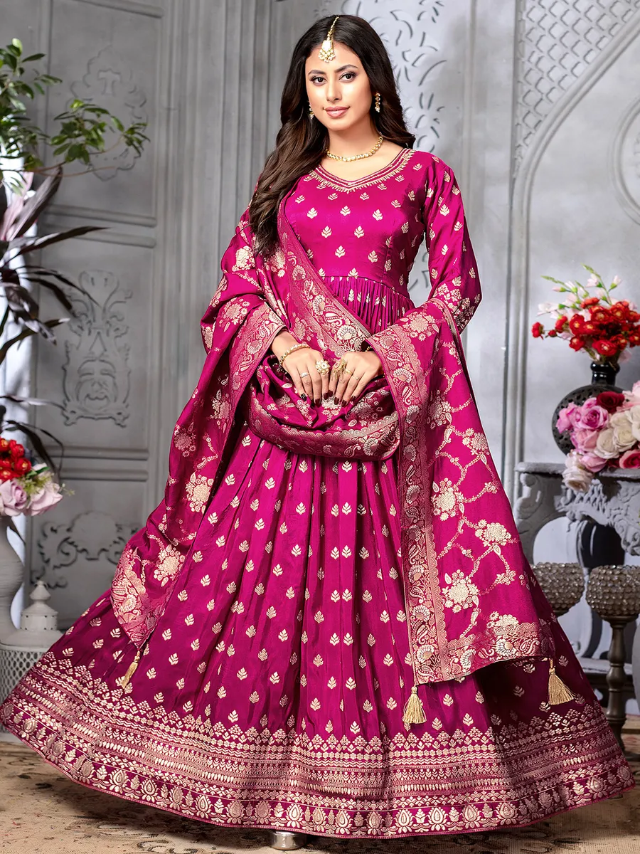 Rani color banarasi silk anarkali suit-G3-WSS42684 | United States