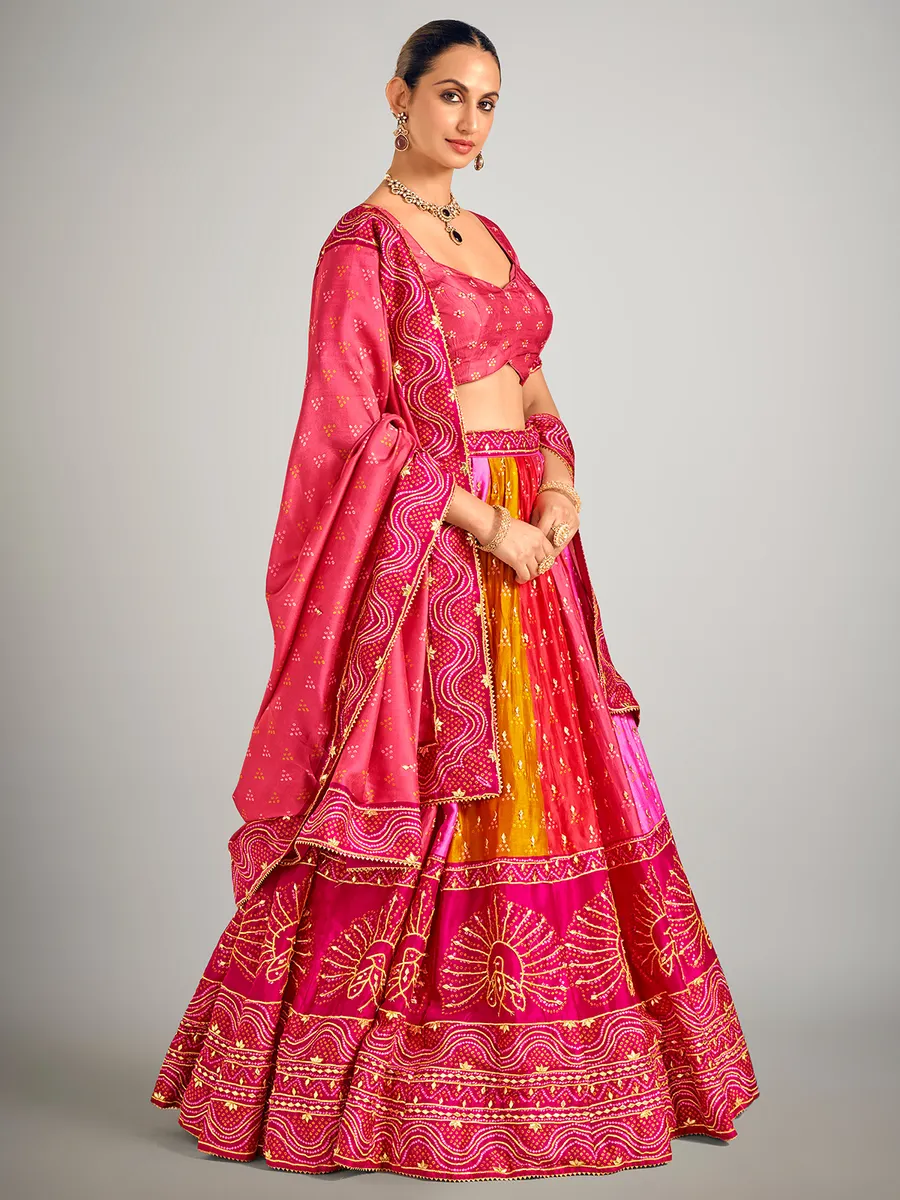 Rani color bandhej print silk lehenga choli-G3-WLC16420