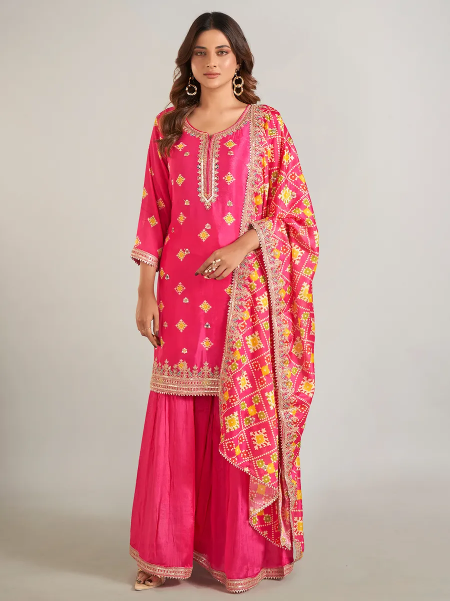 Rani color printed silk sharara suit with dupatta-G3-WSS43003