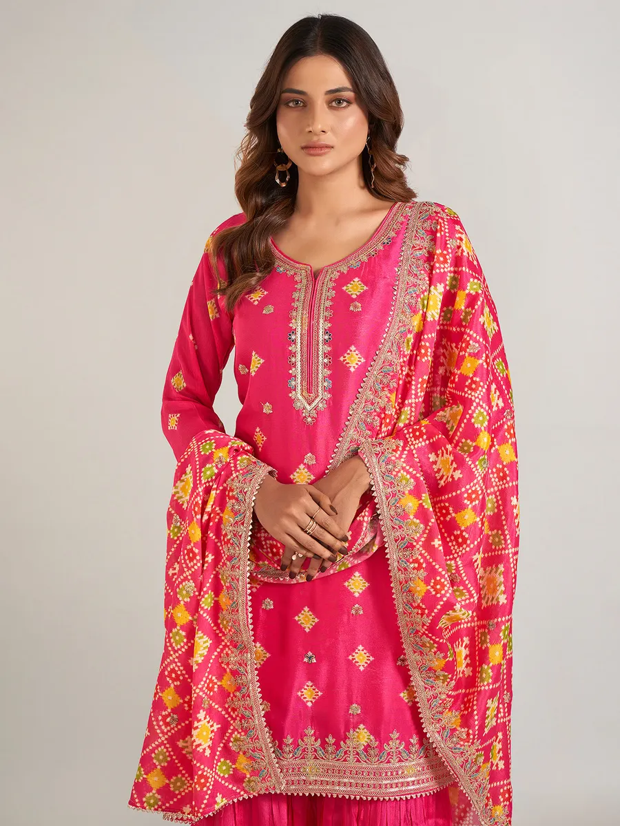 Rani color printed silk sharara suit with dupatta-G3-WSS43003