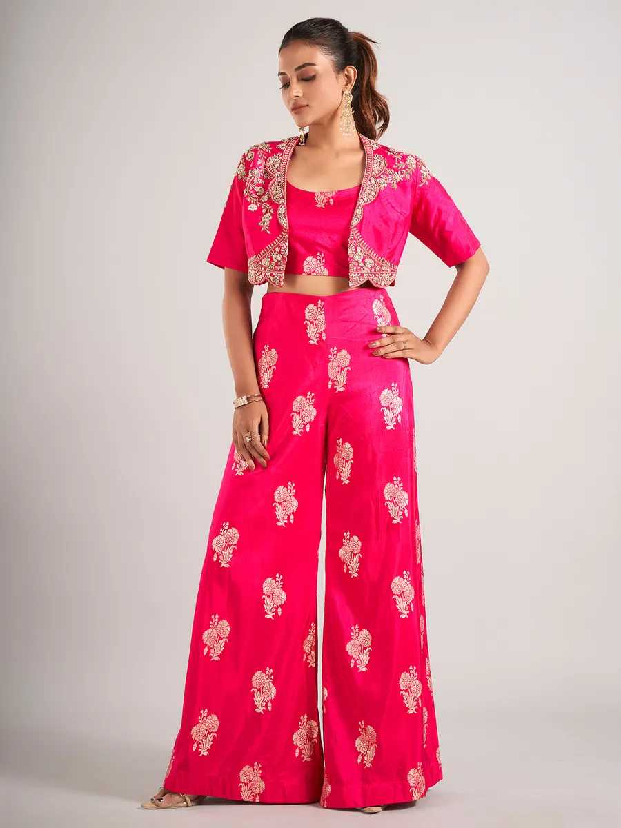 Rani color wedding wear banarasi silk palazzo suit-G3-WSS43083