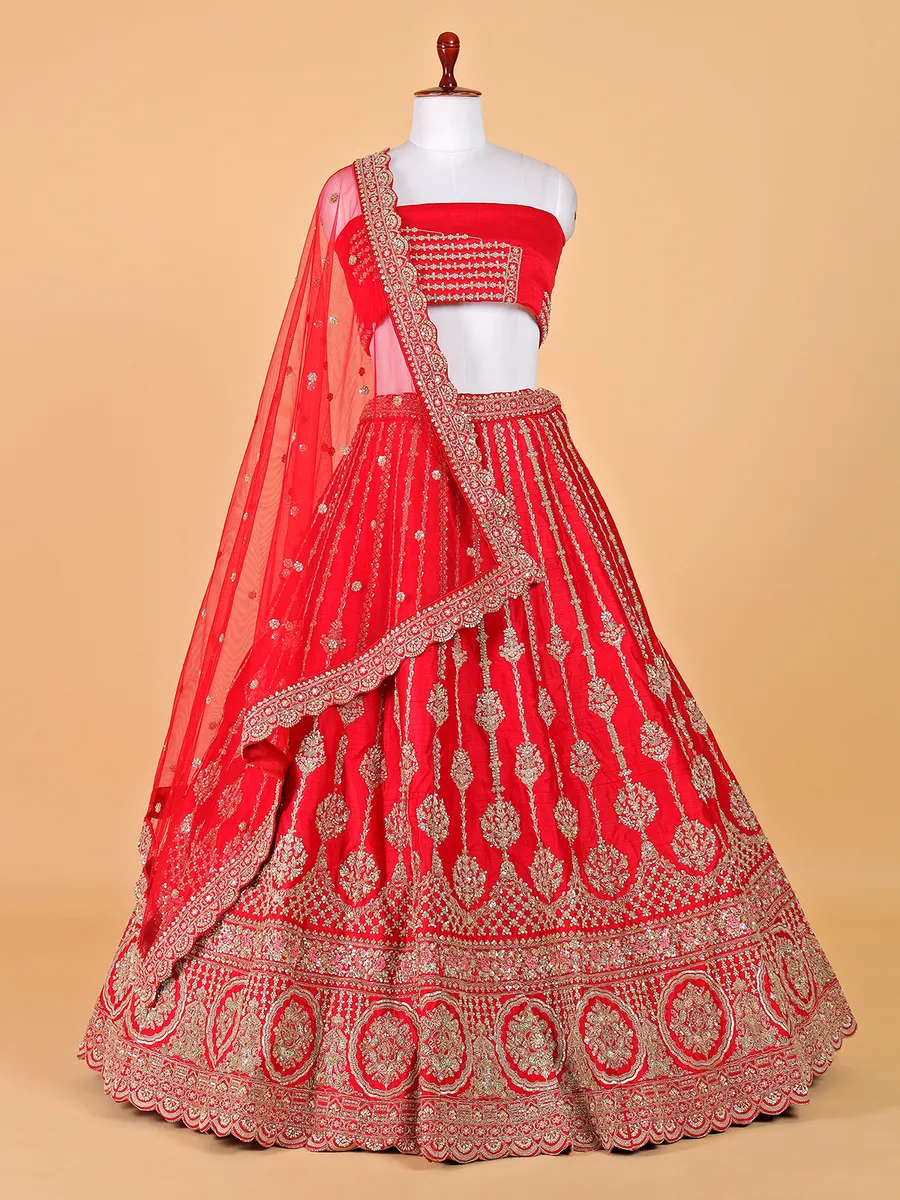 Raw silk red bridal style lahenga choli-G3-WLC15815 | United States